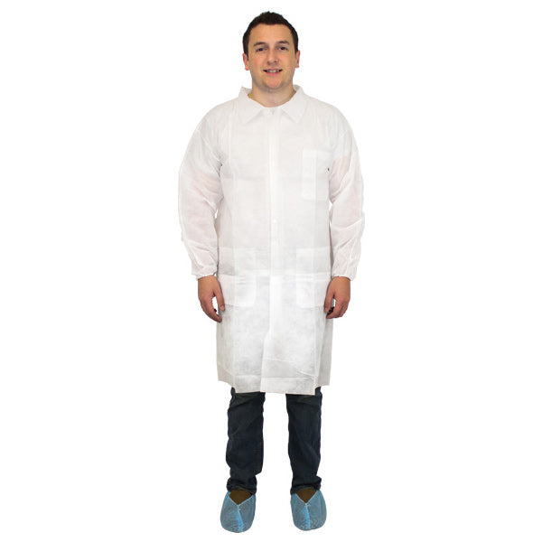 Safety Zone™ 40 Gram Spunbound White Polypropylene Disposable Lab Coats ...